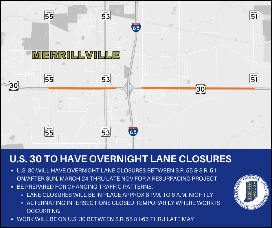 U.S. 30 to have overnight lane closures for resurfacing