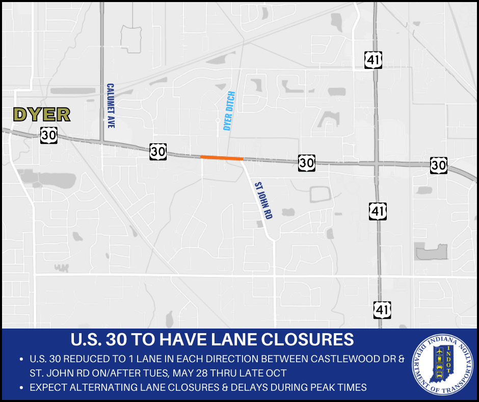 U.S. 30 to have alternating lane closures in Dyer