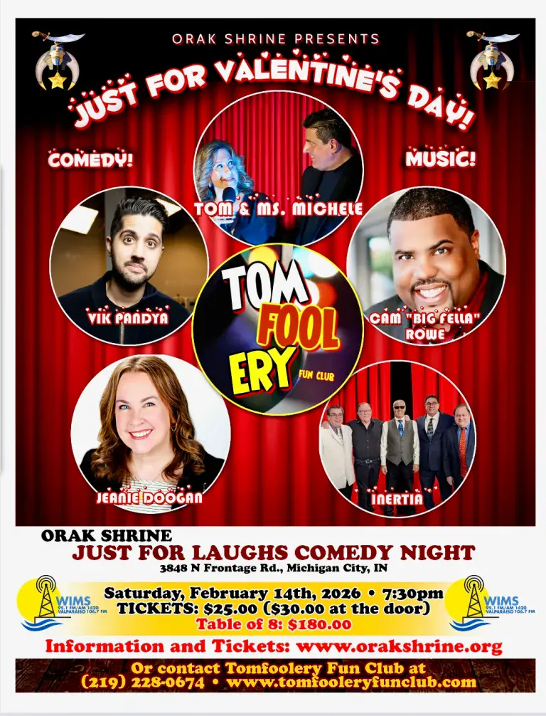 Tom Foolery Fun Club is coming back to Michigan City on Saturday 2/14/26
